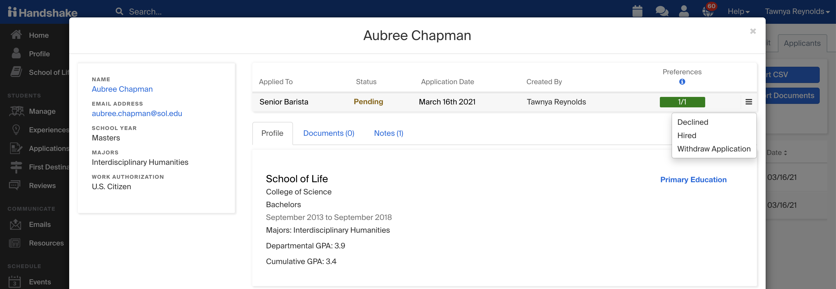 How to Withdraw a Student's Application – Handshake Help Center