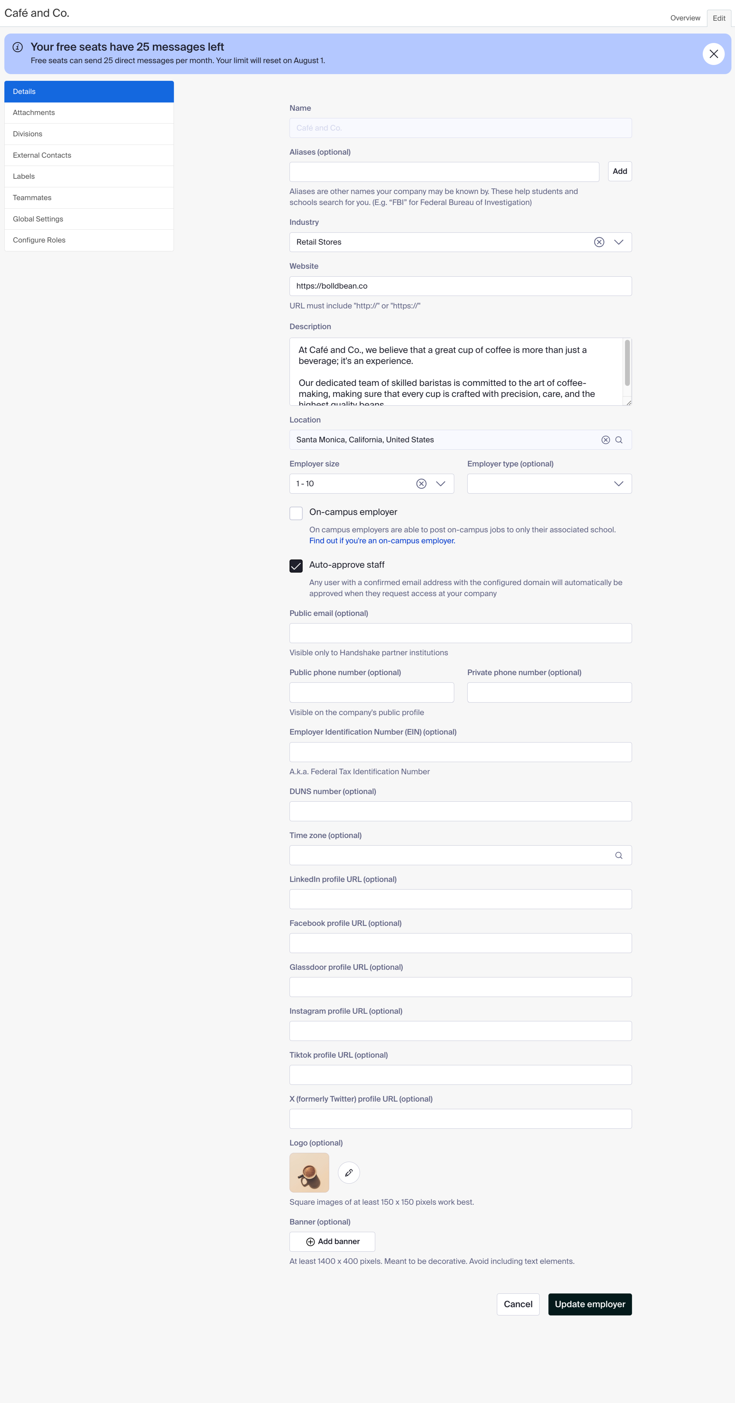 How to Edit Your Company Profile Settings – Handshake Help Center