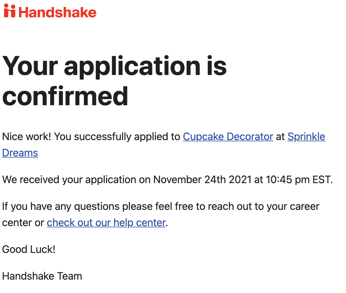 Application Submitted: Email Confirmation – Handshake Help Centre