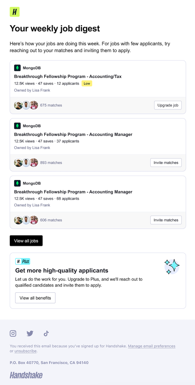 Job Email Digests – Handshake Help Center