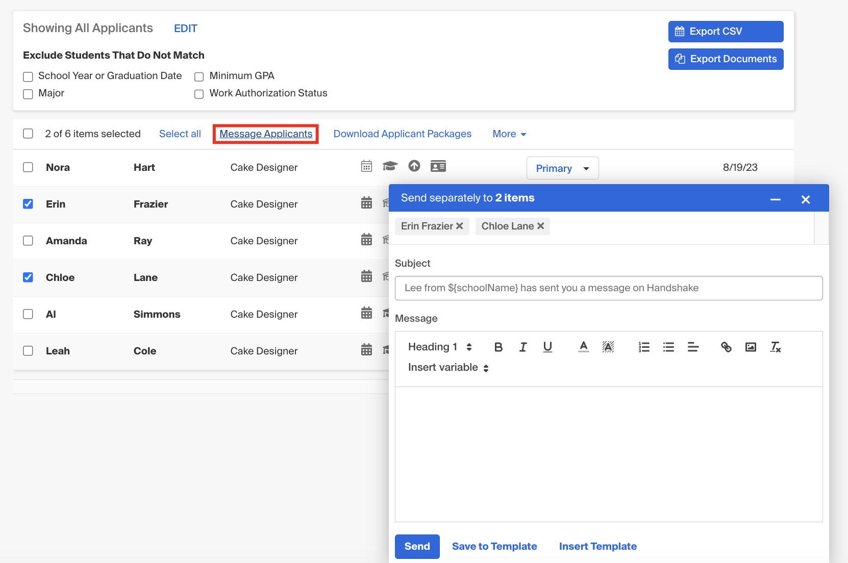 Messaging Applicants – Handshake Help Center