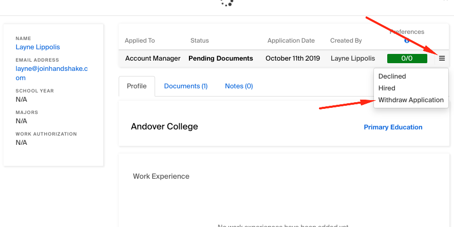 How to Withdraw a Student's Application – Handshake Help Center