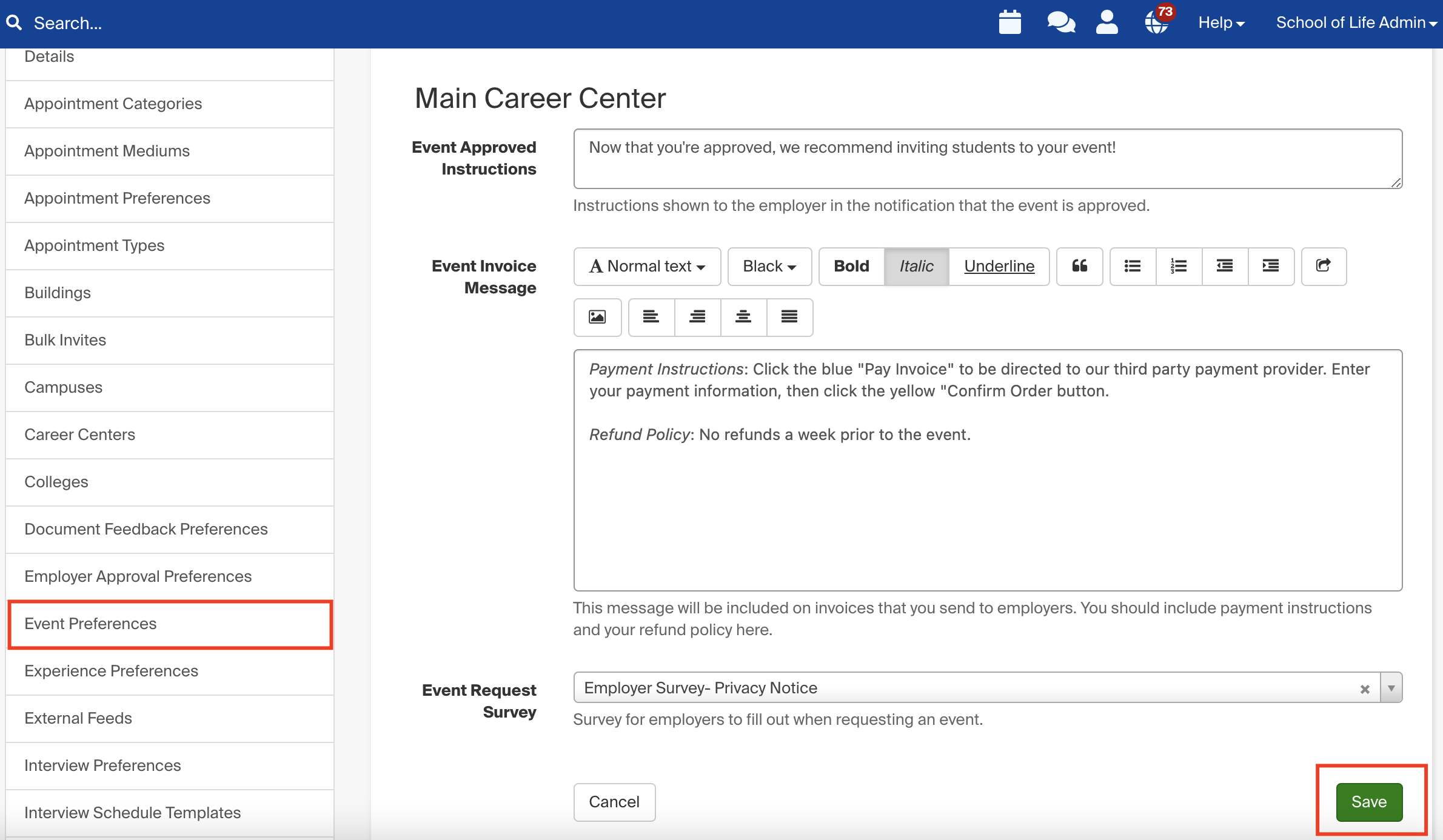 School Settings: Event Preferences – Handshake Help Center