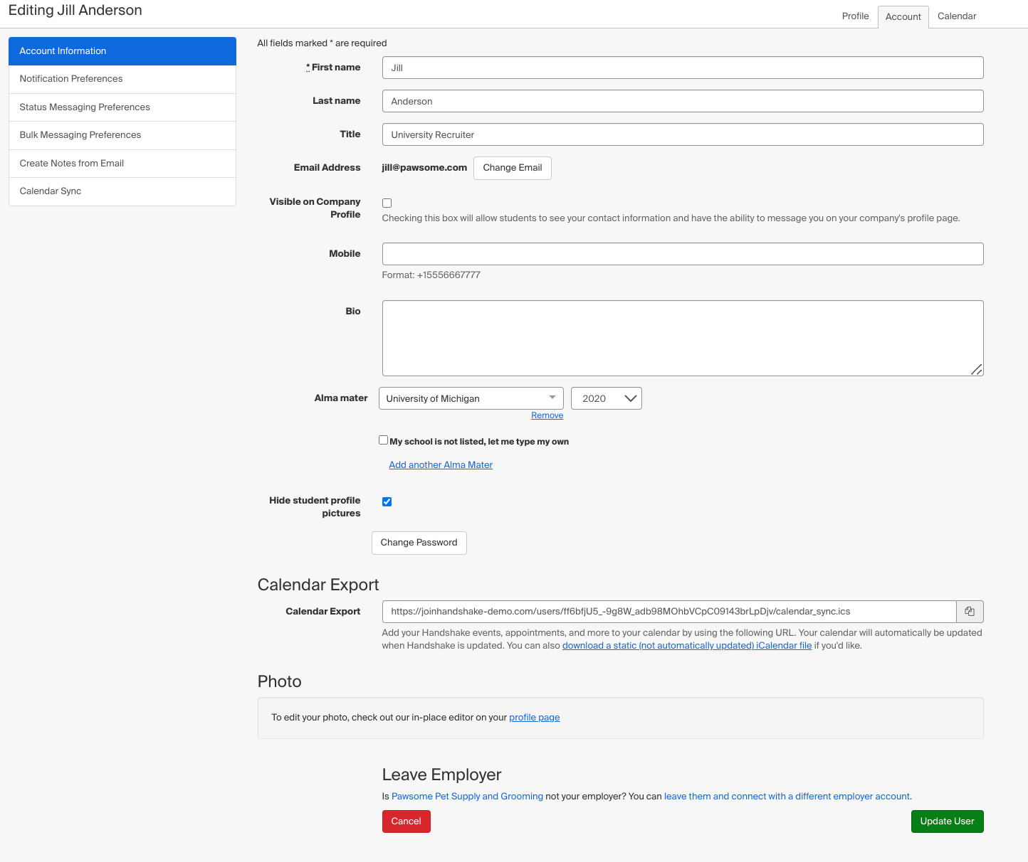 Employer Account User Settings – Handshake Help Center